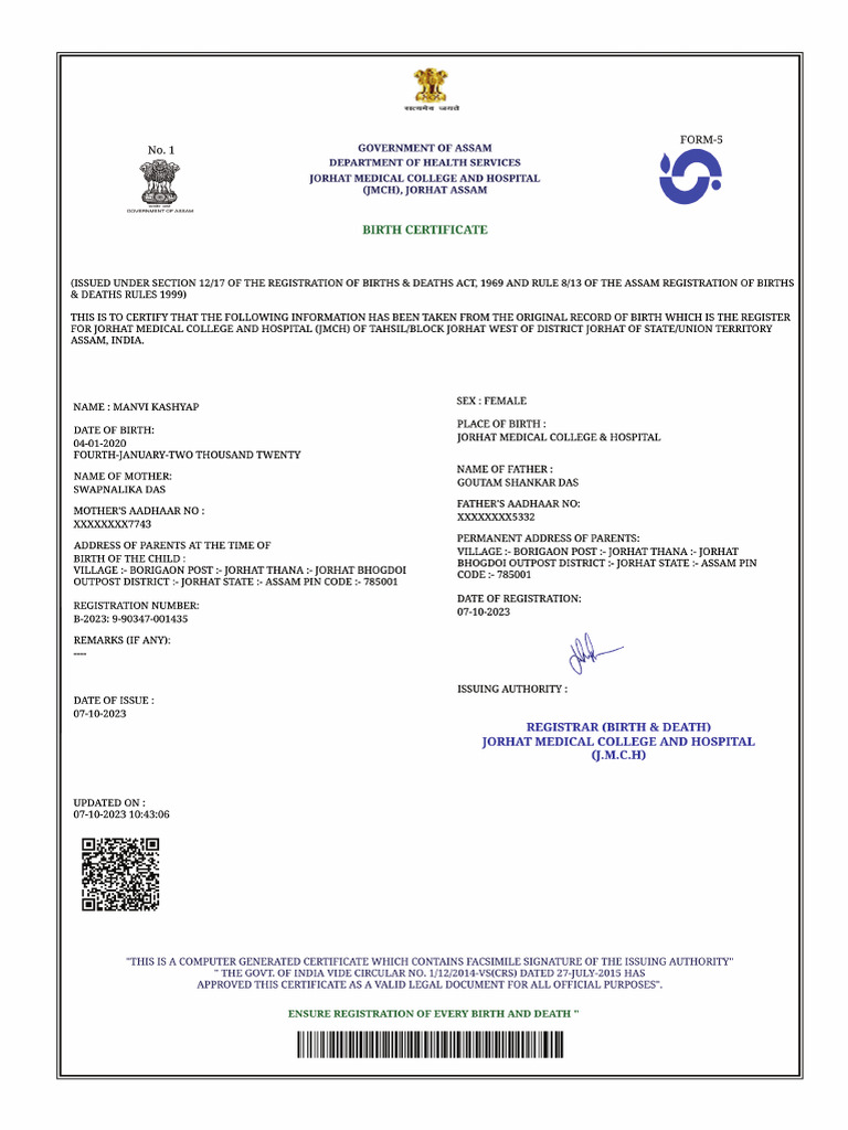 Manvi Kashyap Birth Registration Certificate | PDF