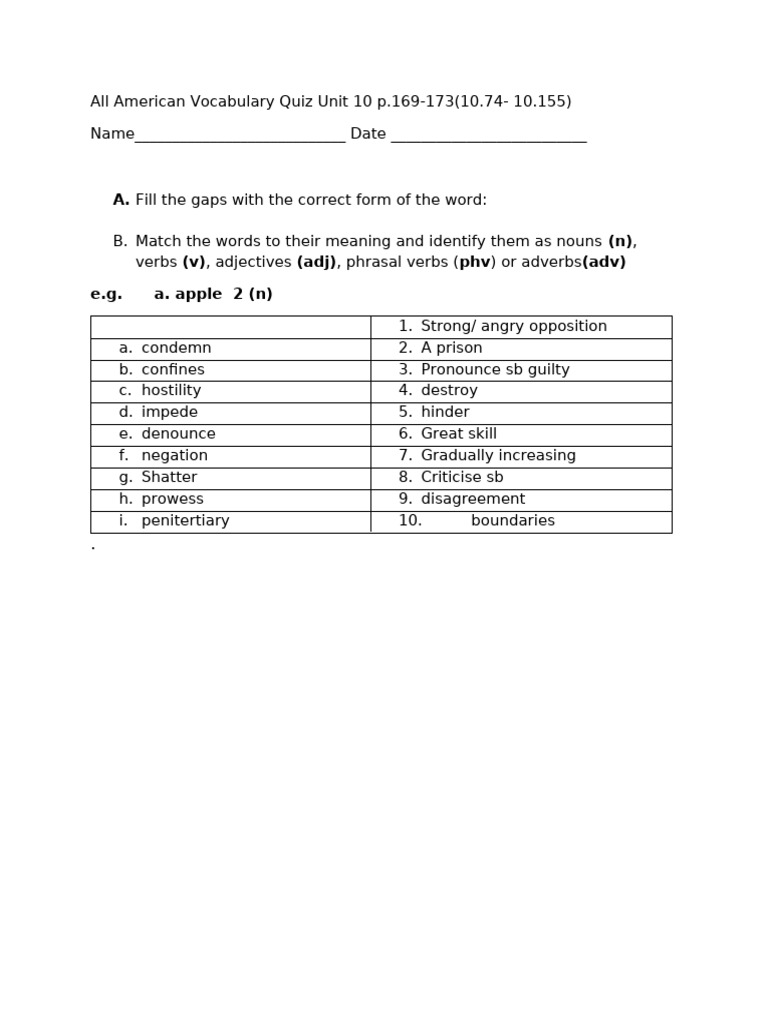 All American Vocabulary Quiz Unit 10 P | PDF