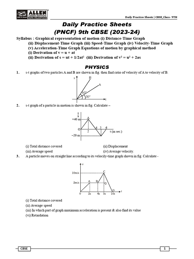 CBSE Class 9 Motion Graphs Practice | PDF | Acceleration | Velocity