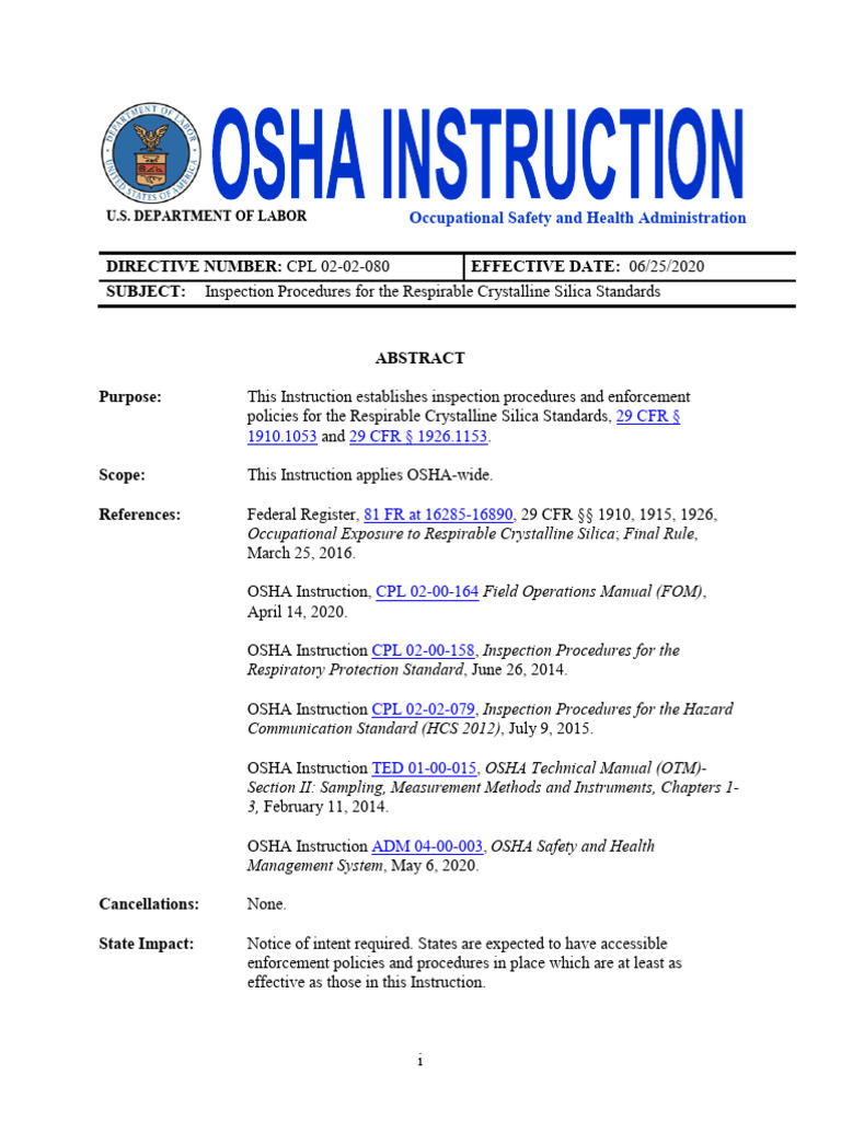 Inspection Procedures For The Respirable Crystalline Silica Standards ...