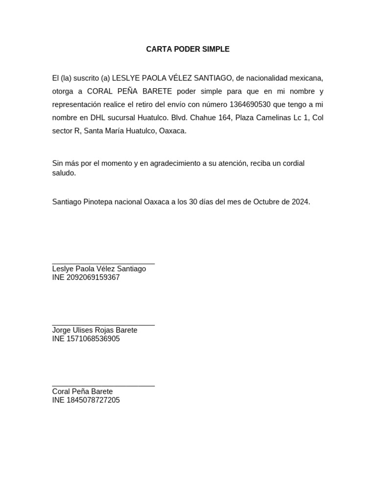 Carta Poder Simple para Retiro DHL | PDF