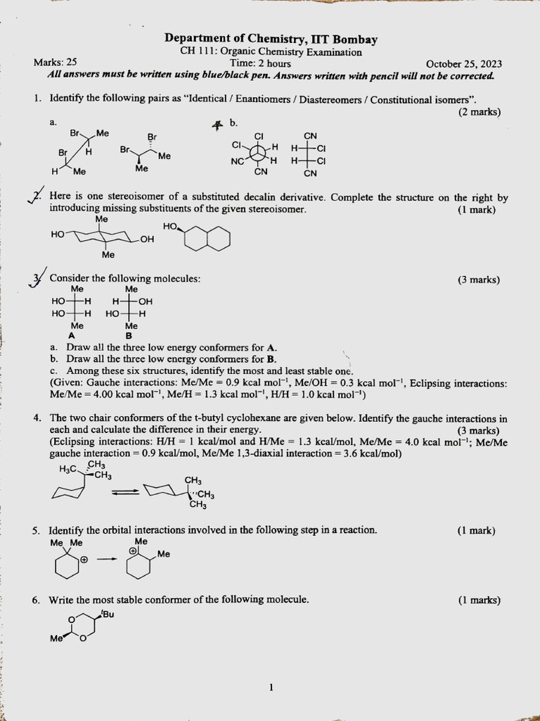 CH111 2023 Endsem Organic | PDF | Conformational Isomerism | Stereochemistry