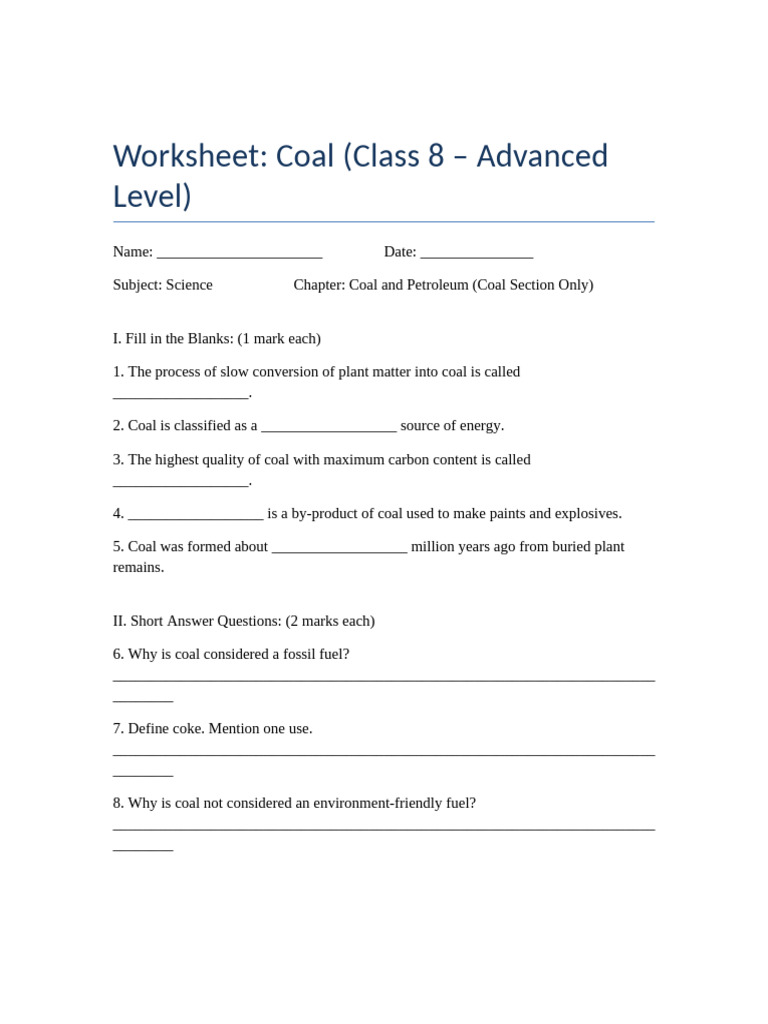 Advanced Coal Worksheet for Class 8 | PDF