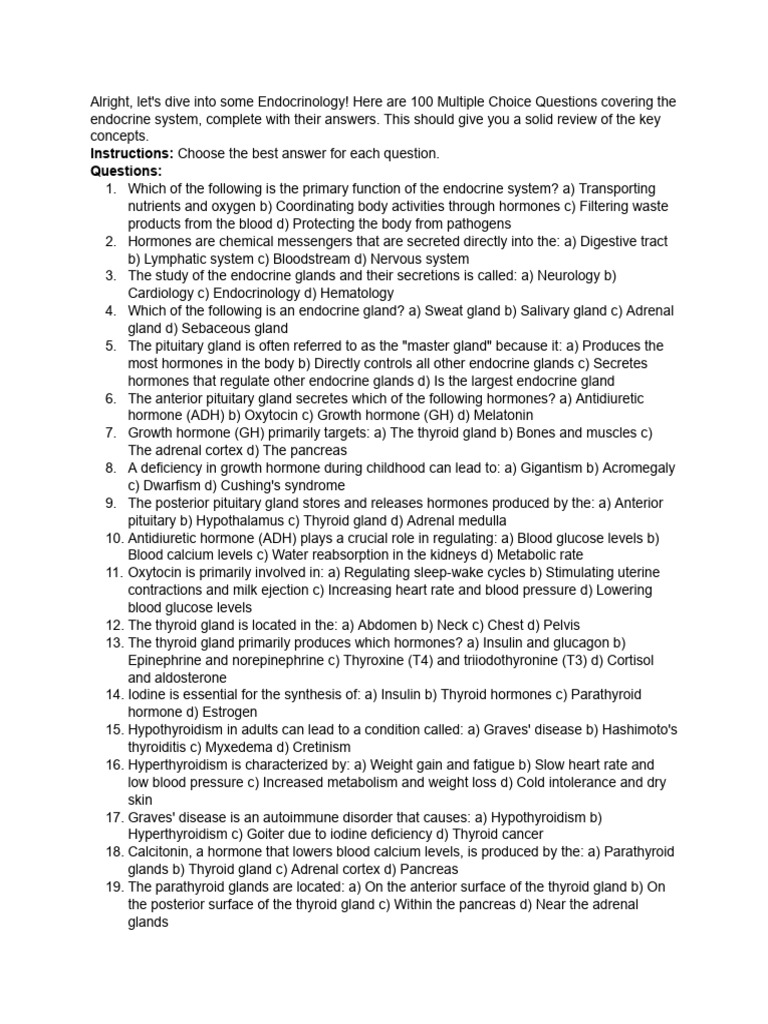 100 Endocrine System Objectives MCQ With Answers | PDF | Adrenal Gland ...