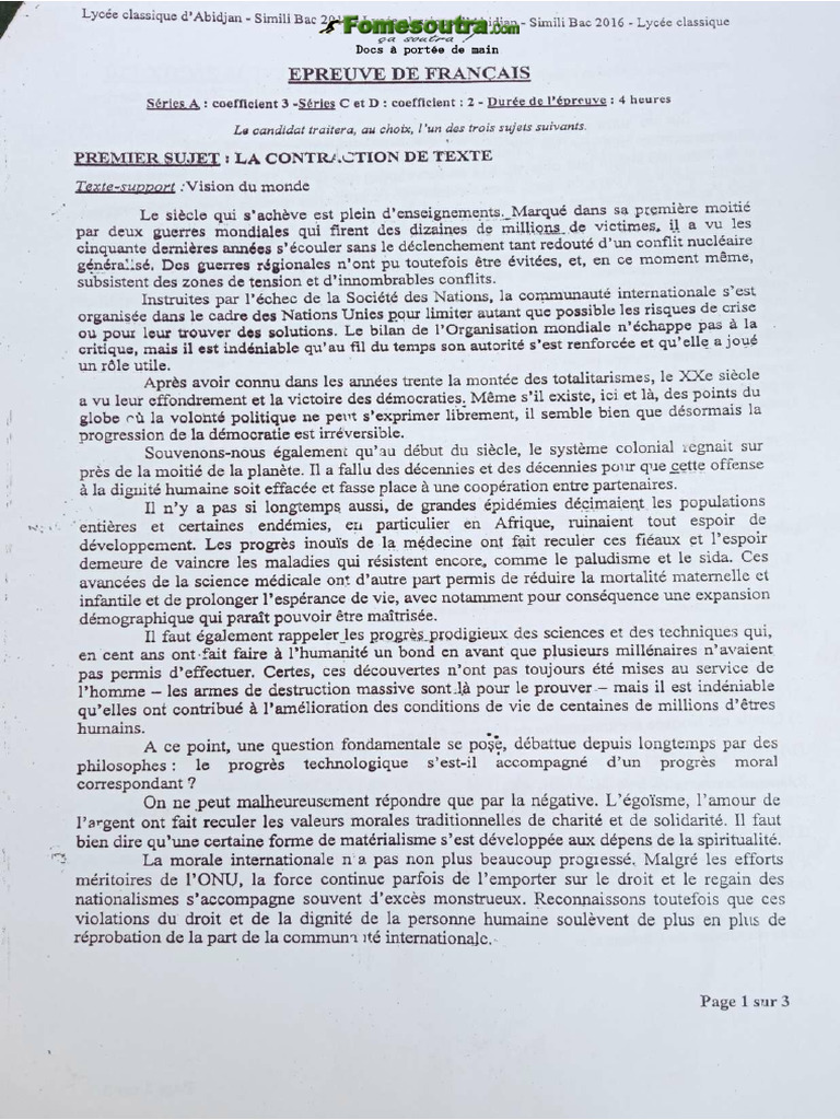 612bbdba8f9b7sujet de Contraction de Texte Bac Blanc 2016 Serie | PDF