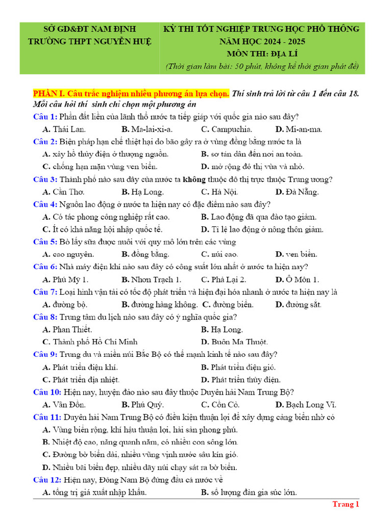 14 de Thi Thu Tot Nghiep THPT 2025 Dia Li THPT Nguyen Hue Nam Dinh Co Loi Giaidocx 1600 PDF ...