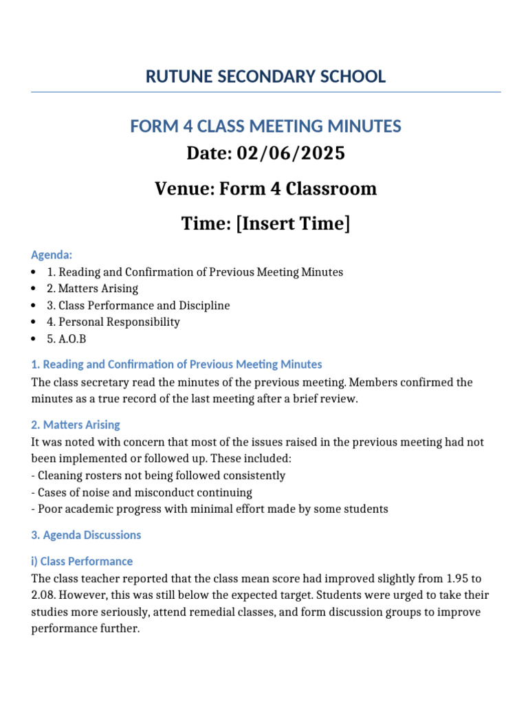 Form 4 Class Meeting Minutes Rutune | PDF | Teachers | Behavior ...