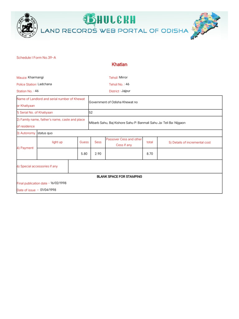 Bhulekh - Odisha - . | PDF