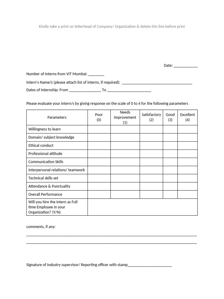 Internship Evaluation Form Template | PDF