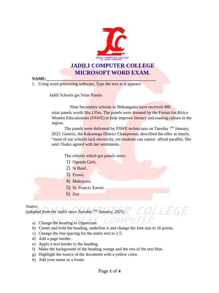 Microsoft Word Exam Instructions | PDF | Typefaces | Word Processor