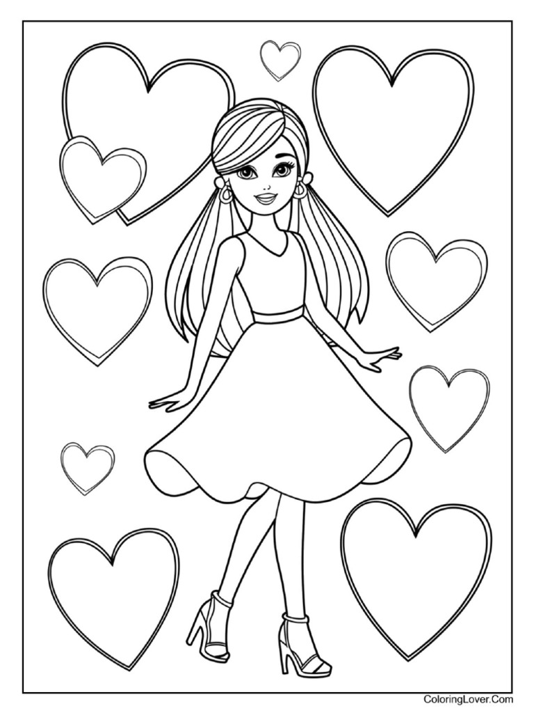 Barbie Surrounded by Hearts Coloring Page | PDF