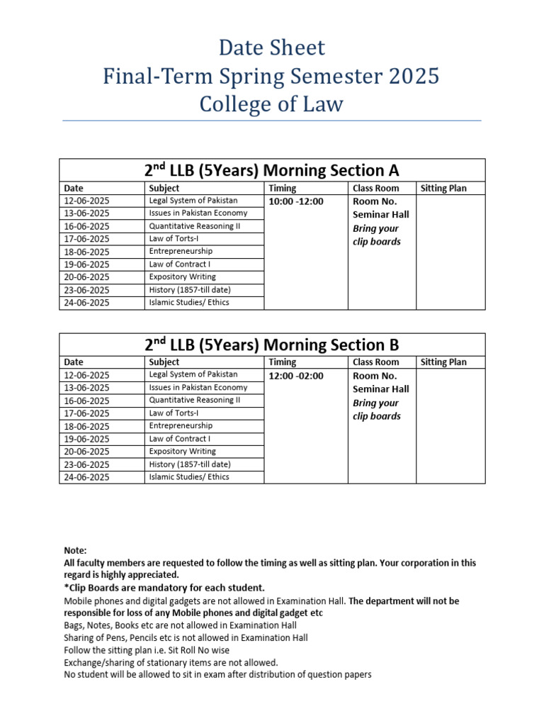LLB Final Exam Schedule 2025 | PDF | Law School | Justice