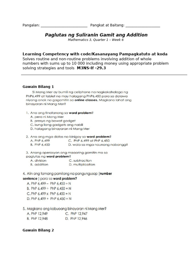 Paglutas NG Suliranin Gamit Ang Addition | PDF