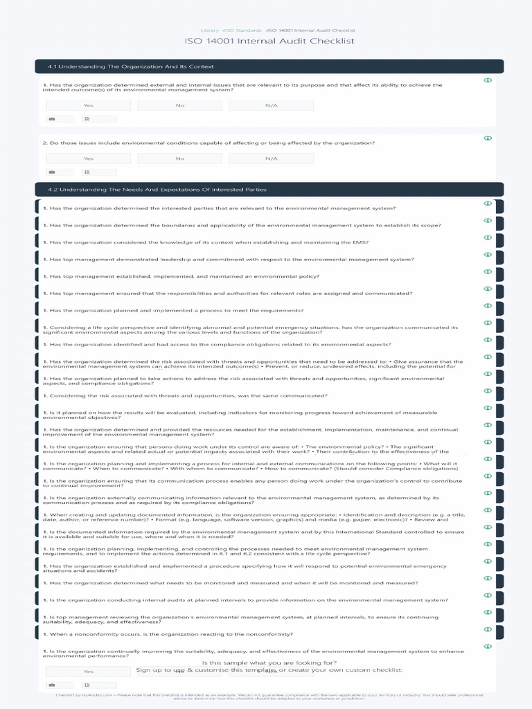 GoAudits - IsO 14001 Internal Audit Checklist (Sample) | PDF
