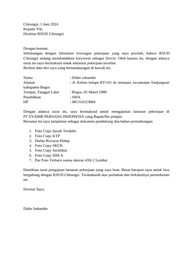 3 Contoh Surat Lamaran Kerja Sopir Driver Ambulance | PDF