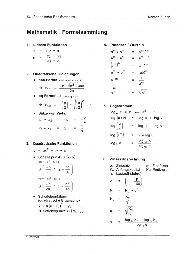 Mathematik 2011 Formelsammlung | PDF