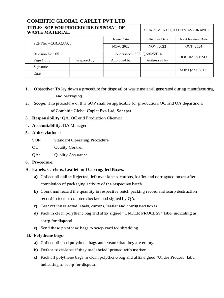25. SOP for Diposable of Waste Materials | PDF | Business Process