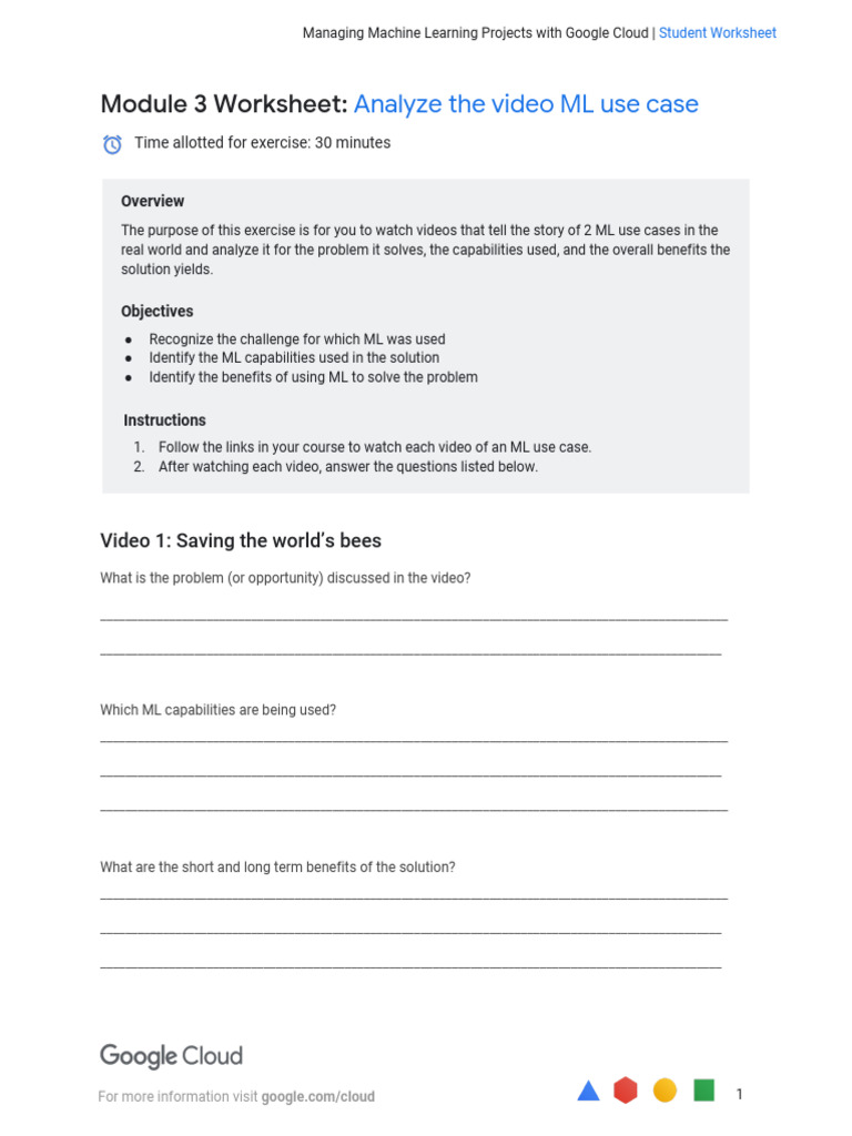 M3 Analyze The Video ML Use Case Worksheet | PDF | Learning | Cognition