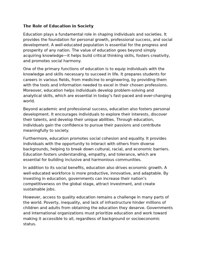 The Role of Education in Society | PDF