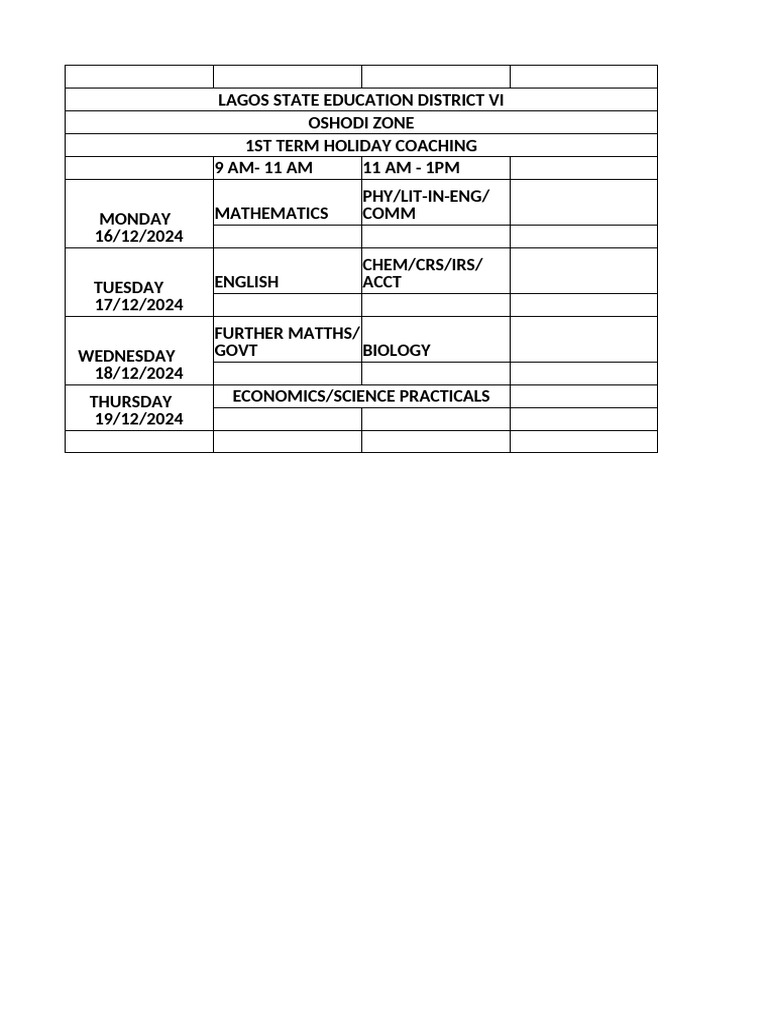 Lagos State Holiday Coaching Schedule | PDF