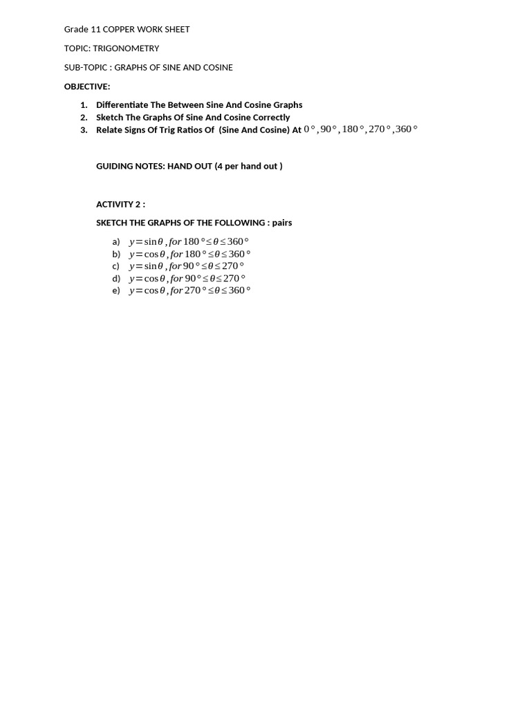 Grade 11 Trigonometry: Sine & Cosine Graphs | PDF