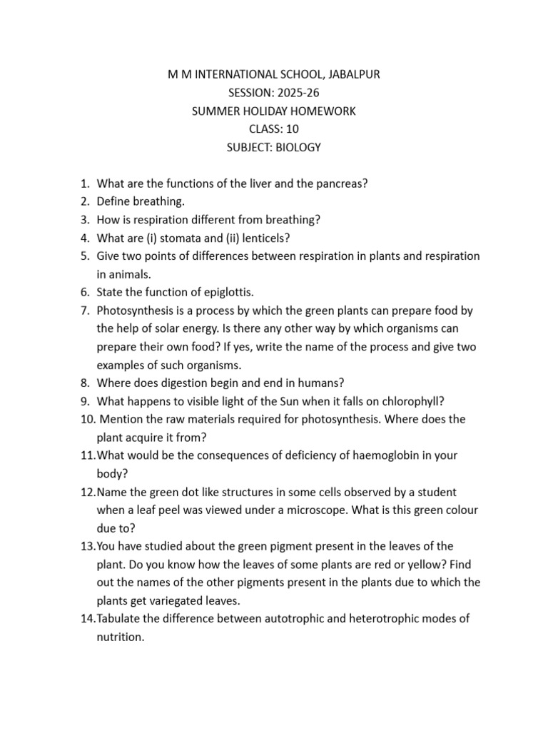 Class 10 Biology, Holiday Homework - 1 - 250430 - 074050 | PDF ...