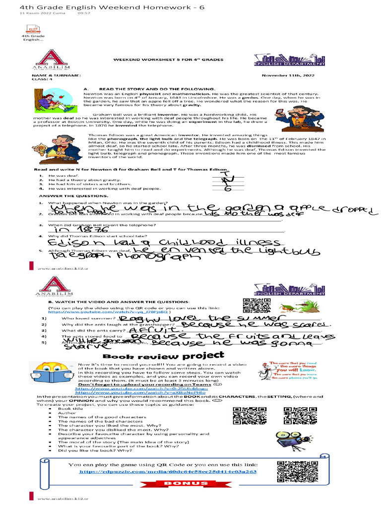 4th Grade English Weekend Homework - 6 | PDF