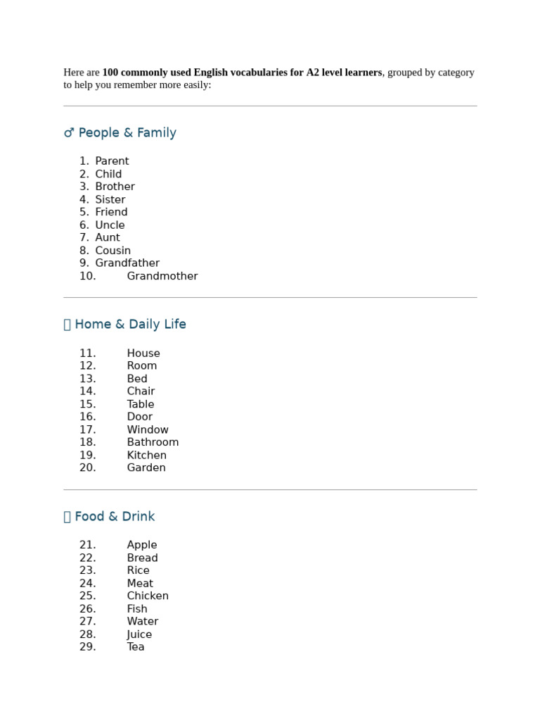 100 Vocabs For A2 | PDF