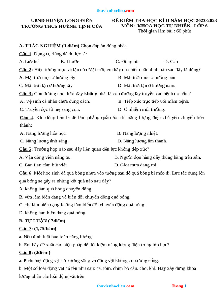 10 de Thi HK2 KHTN 6 CTST Nam 22 23 | PDF