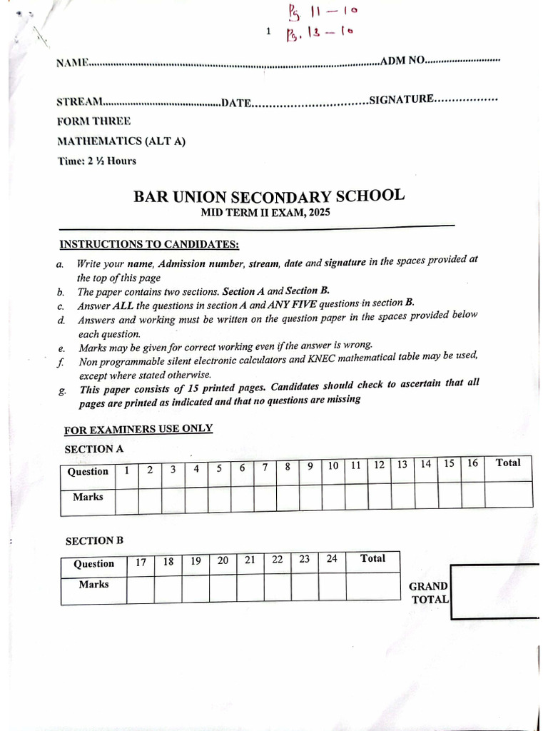 Form 2 Mid Term 2 2025 Bar Union | PDF