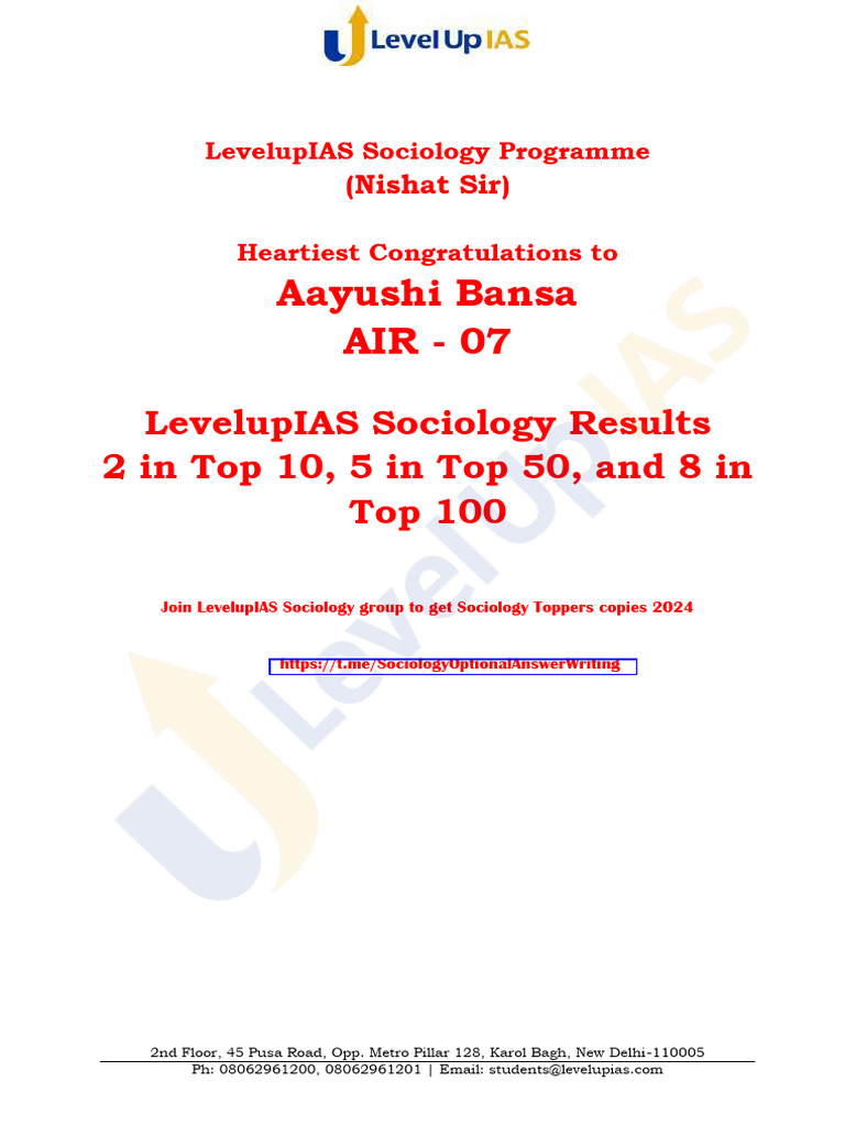 AIR 7 Aayushi Bansal Levelup Sociology 2024 | PDF | Caste