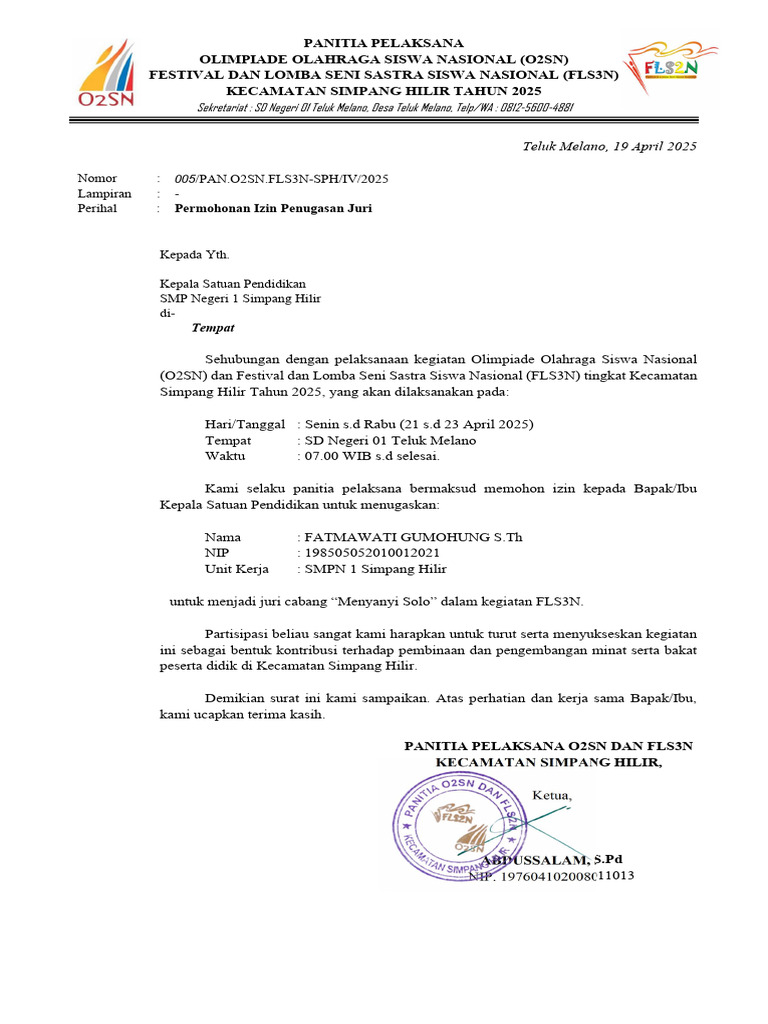 005 - Permohonan Ijin Sebagai Juri - SMP Negeri 1 Simpang Hilir | PDF