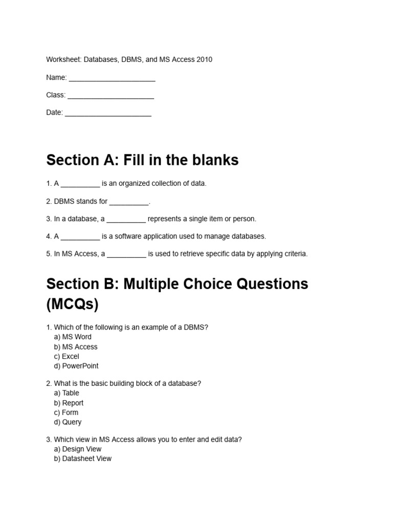 Worksheet - Databases, DBMS, and MS Access 2010 | PDF