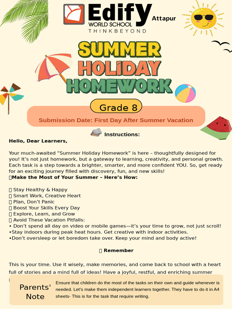 Summer Holiday Homework - Grade 8 CIE - AY 25-26 | PDF | Input/Output ...