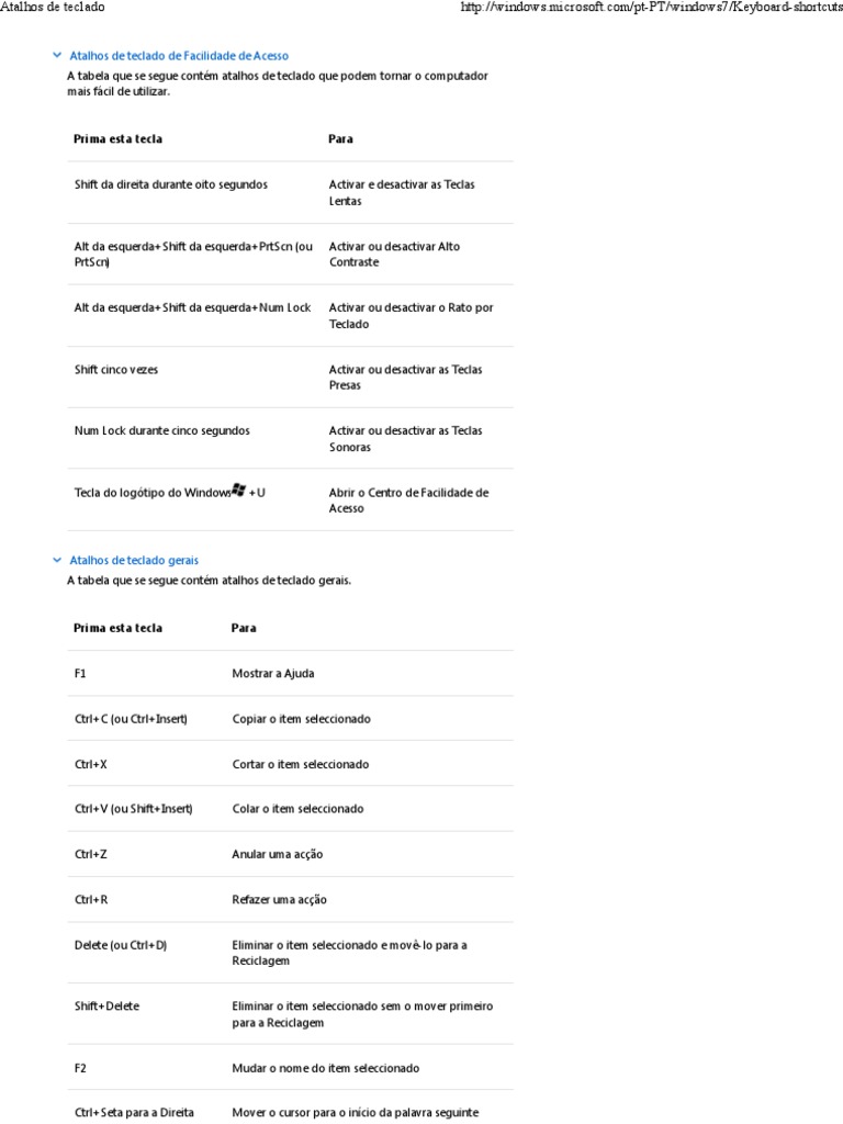 Atalhos de Teclado Do Windows 7 | PDF | Janela (informática) | Teclado ...