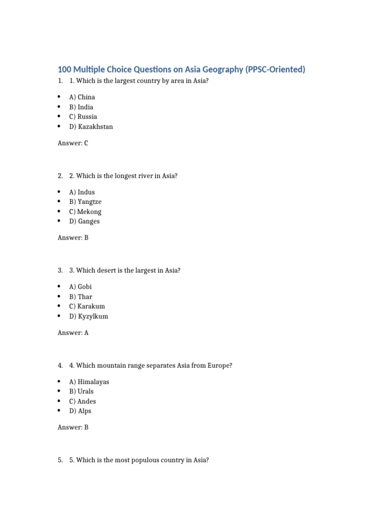 Asia Geography Quiz: 100 Questions | PDF | Asia | Himalayas