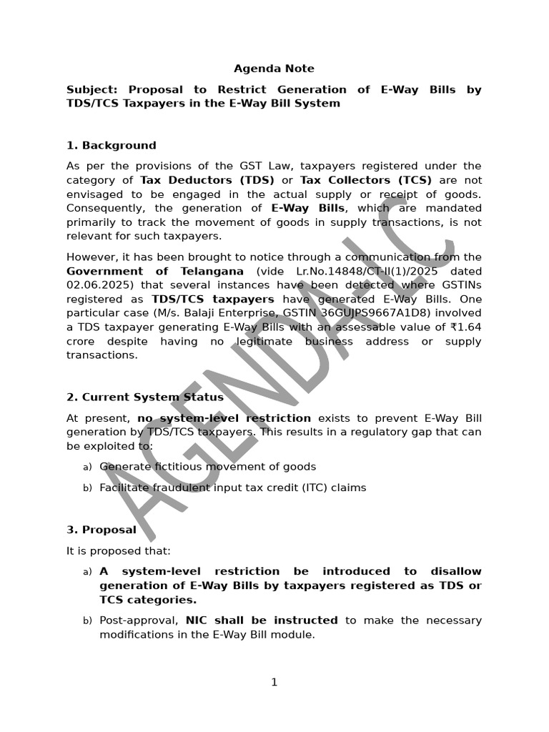 AN - LC - Agenda Note On Restricting E-Way Bill Usage by TDS TCS ...