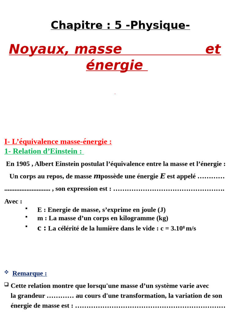 Cours 5 Physique Eleve TRAFI 2BAC | PDF | Noyau atomique | Masse