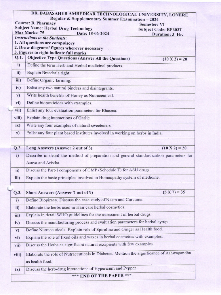 Herbal Drug Technology Supplementry Summer Examination18.6.24. | PDF ...