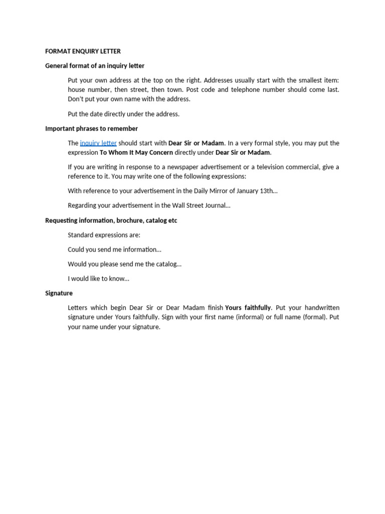 Format Enquiry Letter | PDF