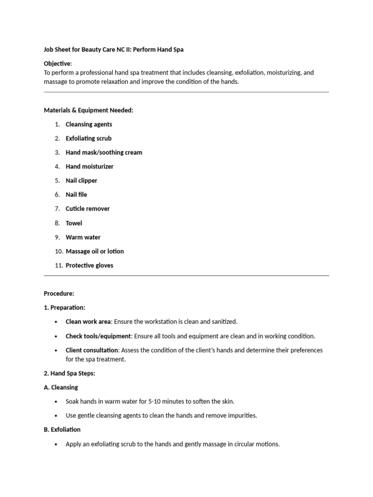 Job Sheet Core Competency 5303 | PDF | Nail (Anatomy) | Massage