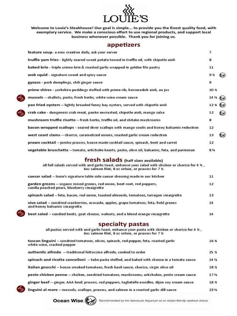 Louies Steakhouse Menu | PDF | Pesto | Salad