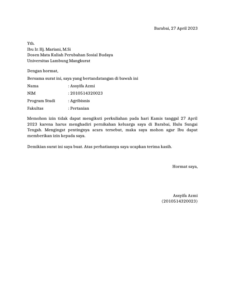 Surat Izin Assyifa Azmi | PDF