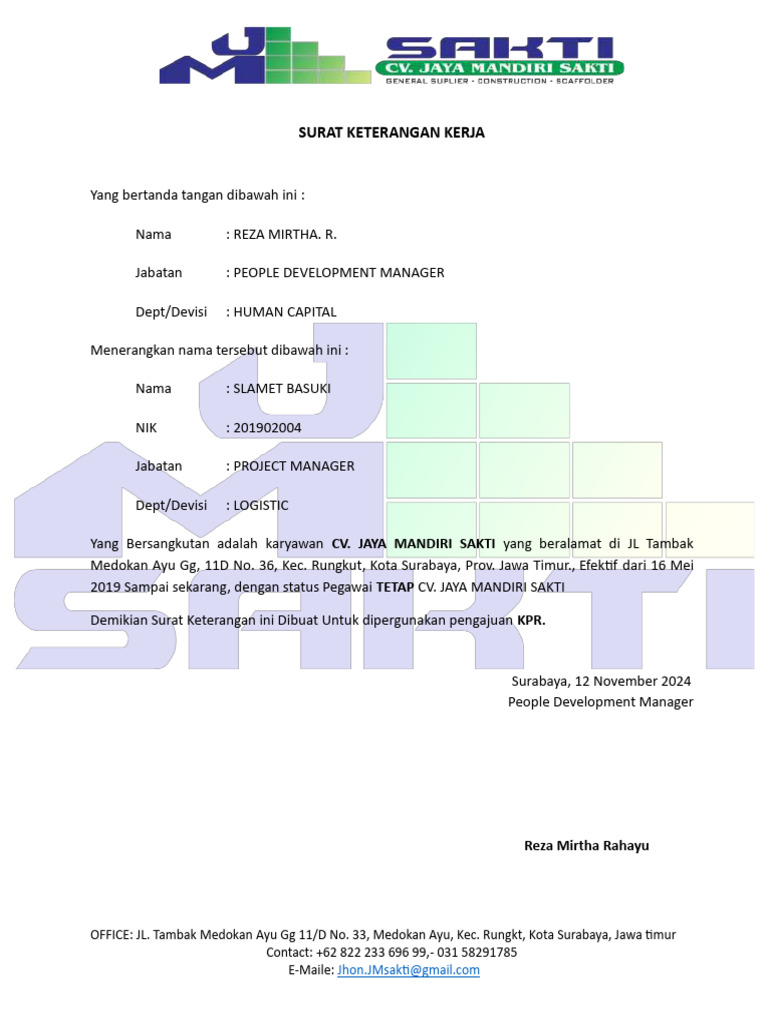 Surat Keterangan Kerja - Basuki | PDF