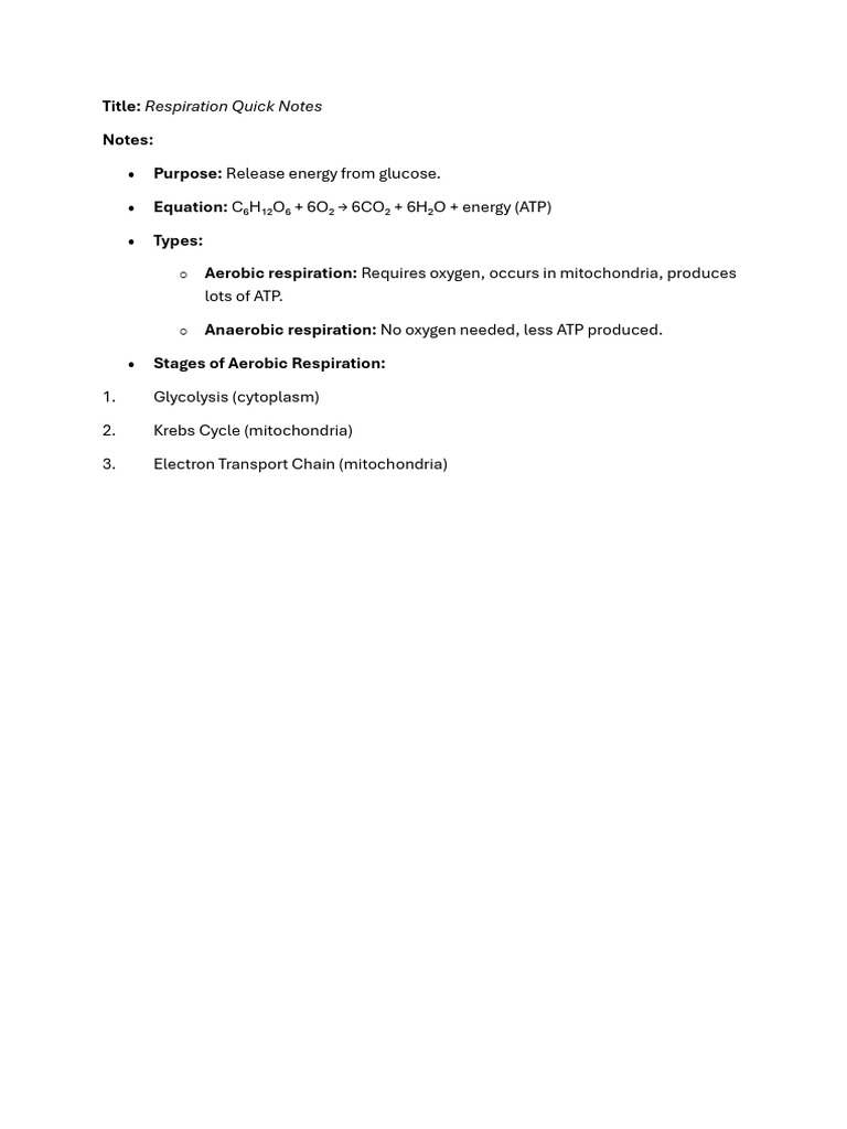 Respiration Quick Notes | PDF
