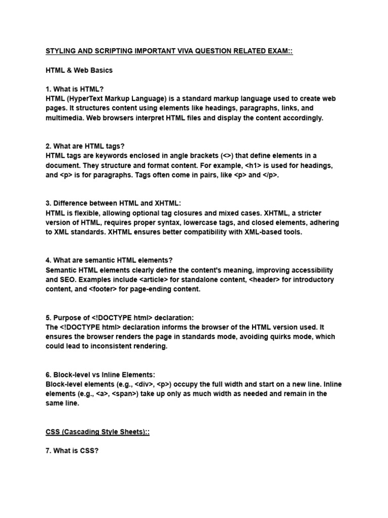 Styling and Scripting Important Viva Question Related Exam | PDF | Html | Html Element