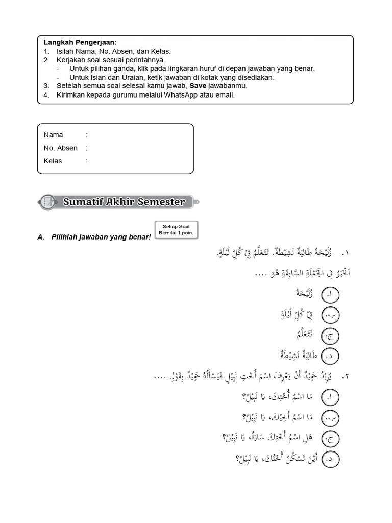 MTs Bahasa Arab 7 Sumatif Akhir Semester | PDF | Orthography | Languages Of Asia