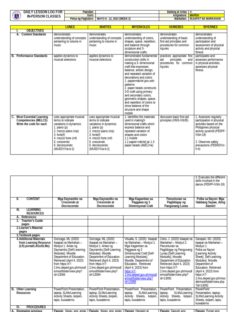 G5-Q4W2-DLL-MAPEH-MELCs | PDF