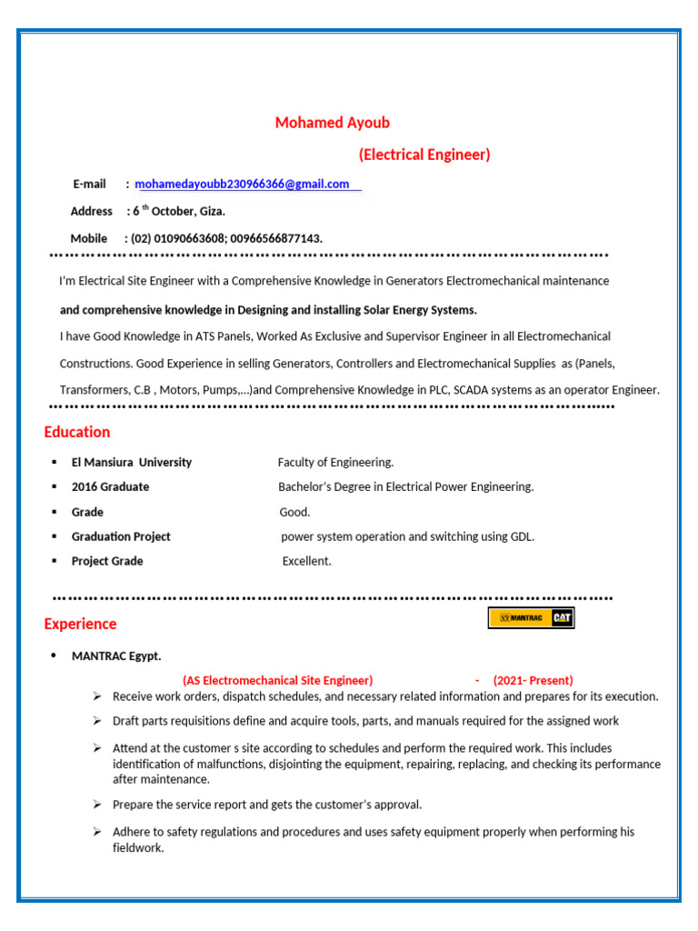 Electrical Engineer Profile: Mohamed Ayoub | PDF | Electric Power ...