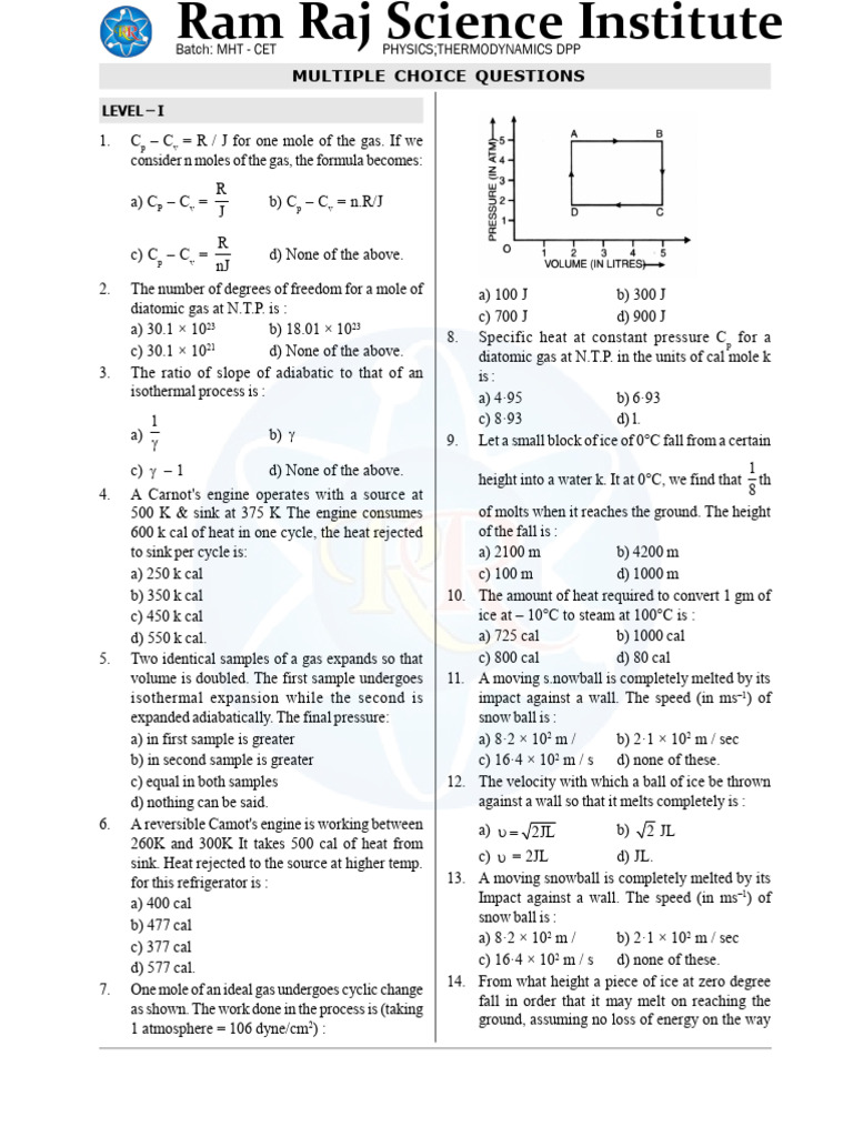 12CET Phy Thermodynamics MCQ | PDF | Heat | Gases